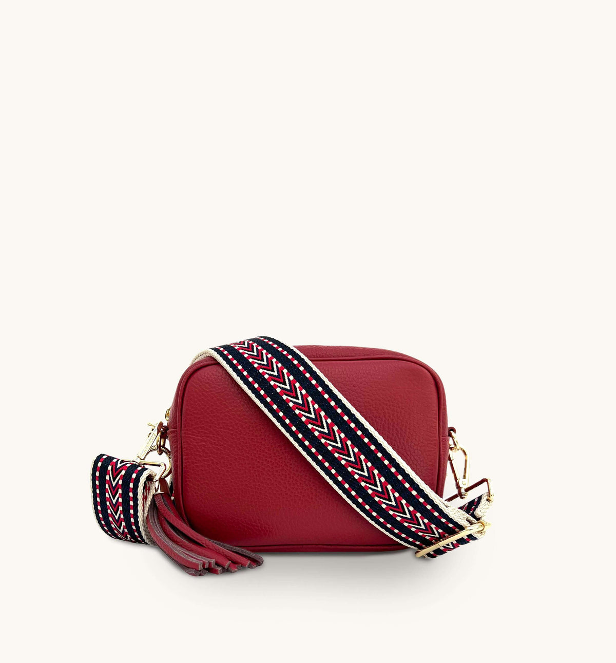 Cherry Red Leather Crossbody Bag With Navy Boho Strap