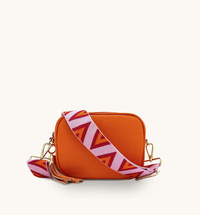 The Tassel Orange Leather Crossbody Bag With Gold Chain Strap